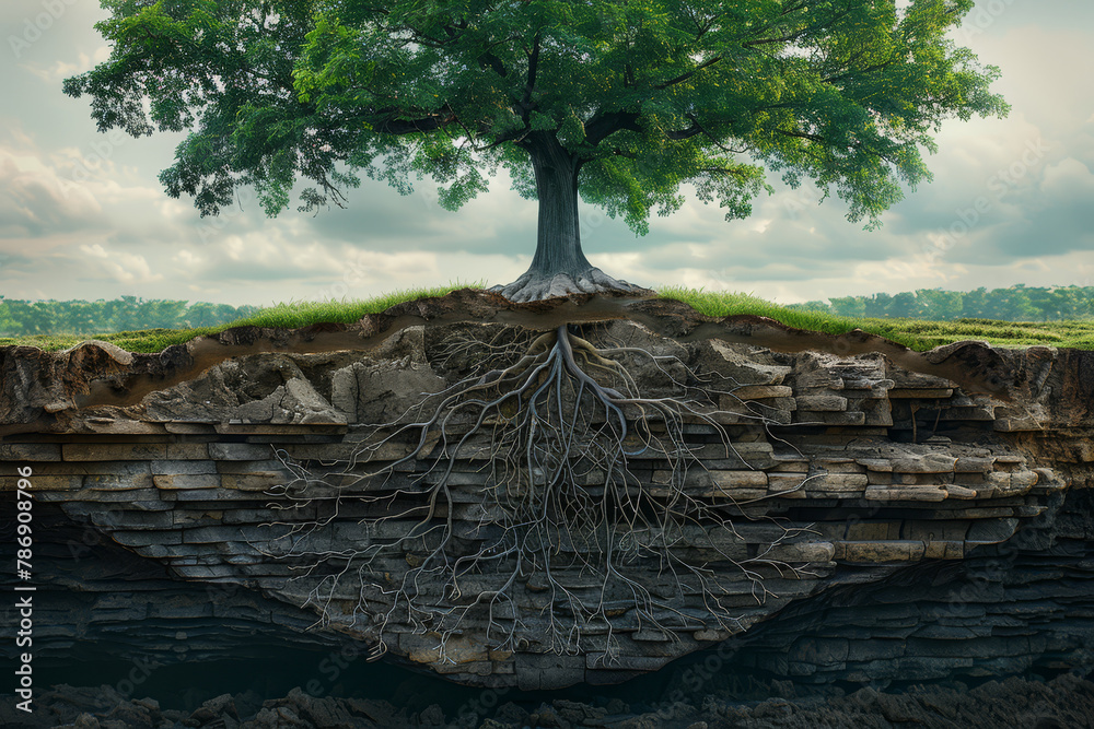 Cross-section illustration of a tree and its extensive root system ...