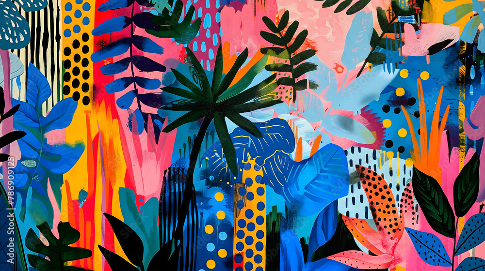 Abstract art painting of vibrant jungle rainforest with a lot of ...