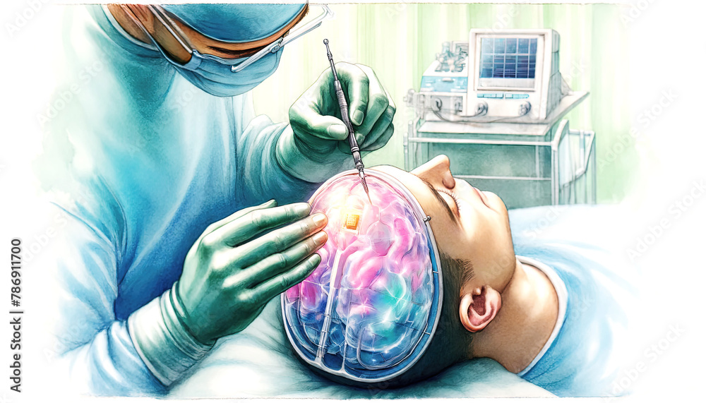 An artistic futuristic illustration of a brain surgery, with a surgeon ...