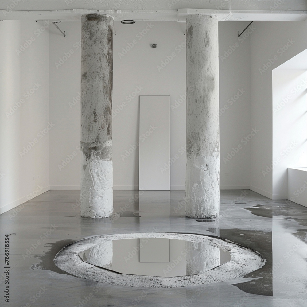two hexagon white marble columns framing a minimalist white doorway ...