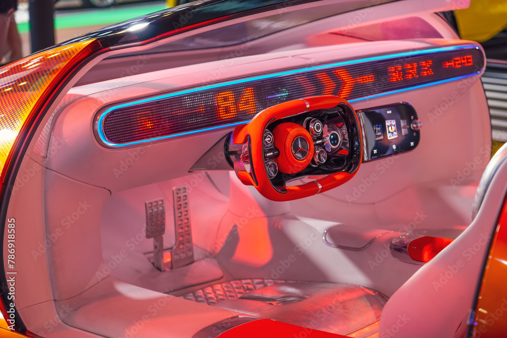 Orange Mercedes New Vision one - eleven model. Salon interior seats and ...