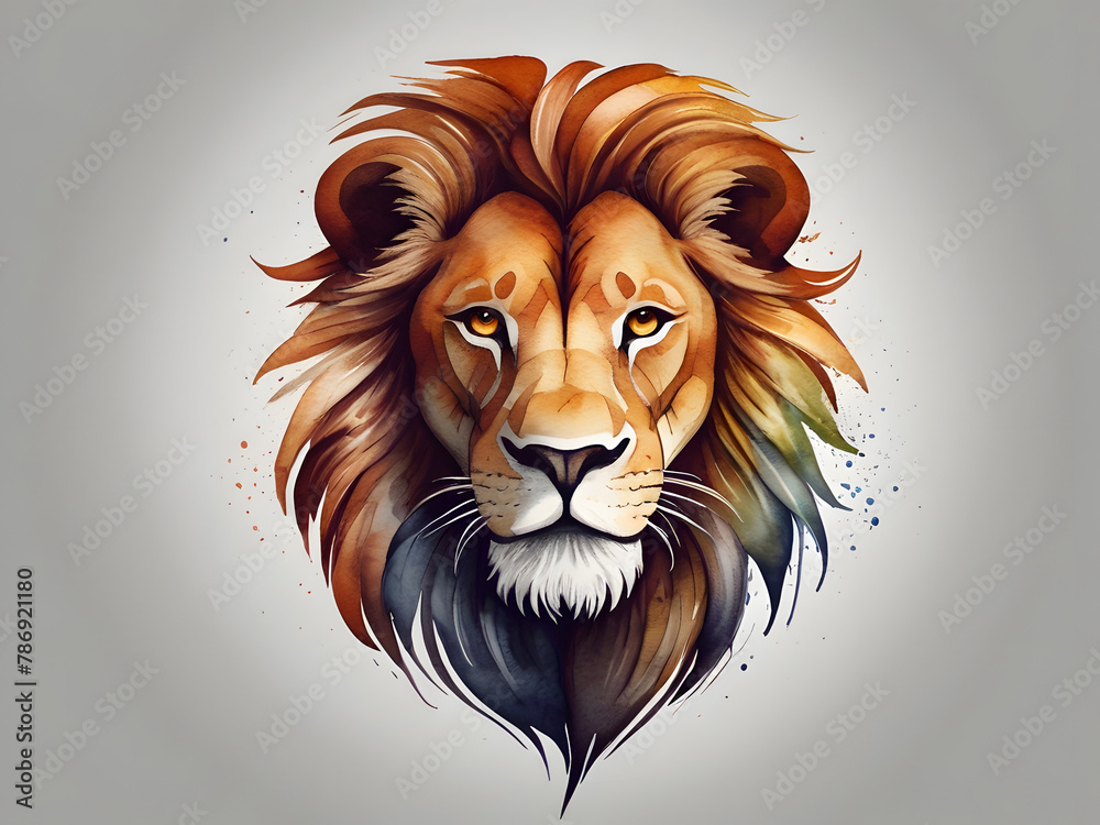 lion head illustration watercolor painting of a lion full face only on ...