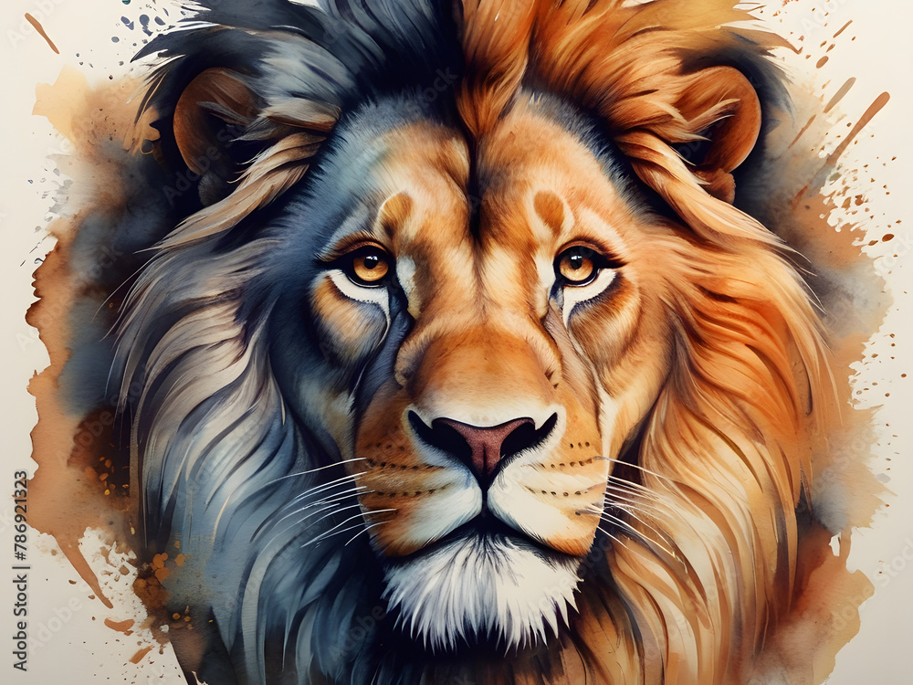 lion head illustration watercolor painting of a lion full face only on ...