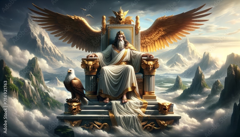Zeus sitting on his majestic throne high atop Mount Olympus, wearing a royal, flowing robe ...