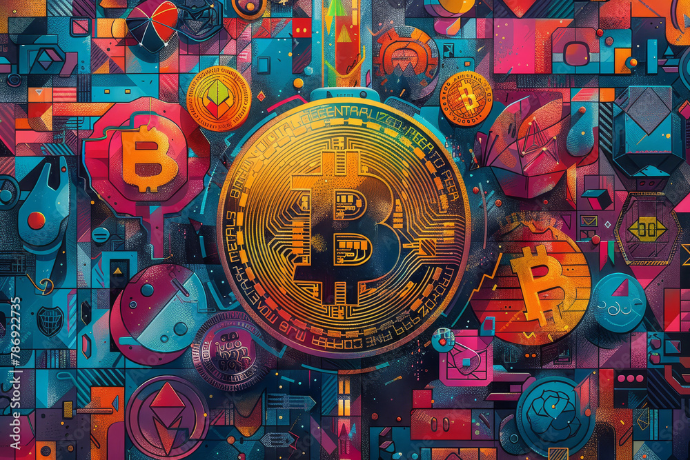 This detailed concept art bursts with vibrant colors and symbols ...
