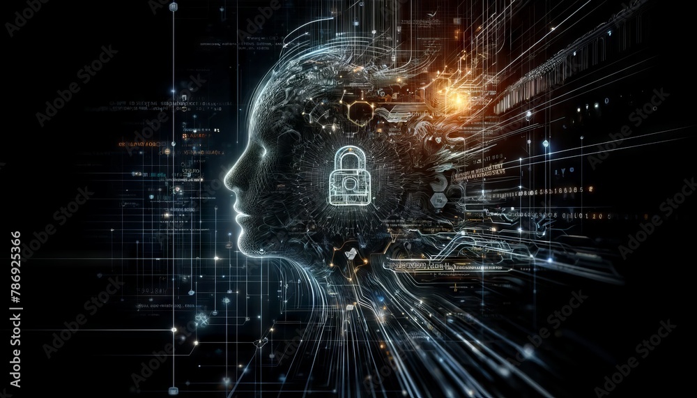 An abstract digital human profile emerging from a complex web of ...