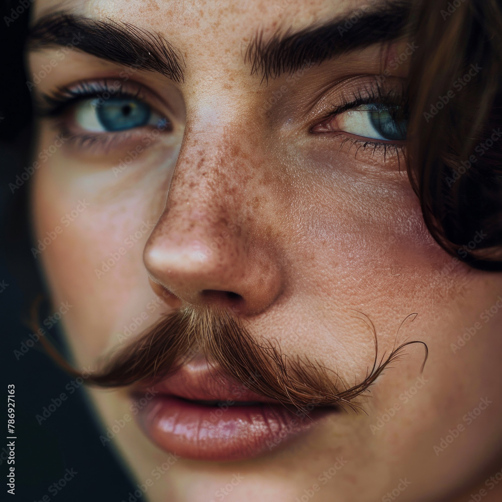 Gender neutral, portrait and queer person with mustache for lgbtq community, transgender and non ...