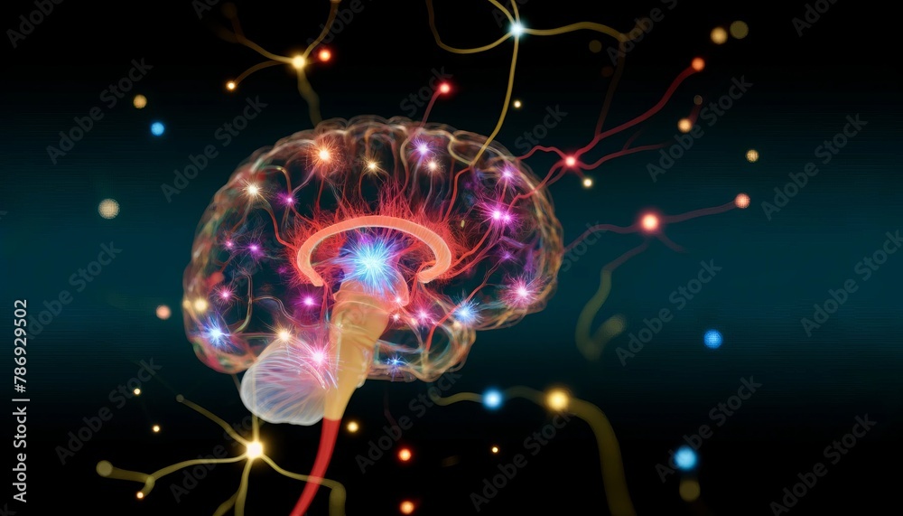 A detailed illustration of the brain's cerebral cortex with a network ...