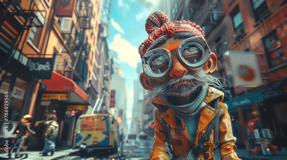 Capture the hilarious antics of a comical figure on a bustling city ...