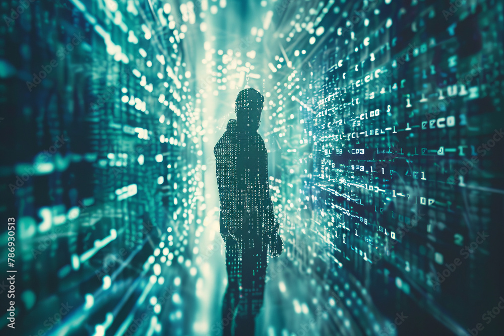 A translucent digital silhouette of a human immersed in a labyrinth of glowing data streams ...