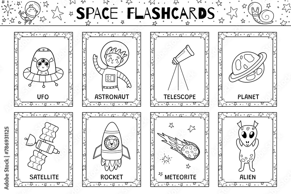 Space flashcards black and white collection with cute planet characters ...
