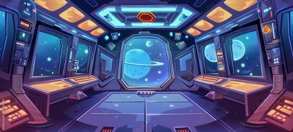 Spaceship cockpit with cosmic view. A colorful cartoon illustration of ...