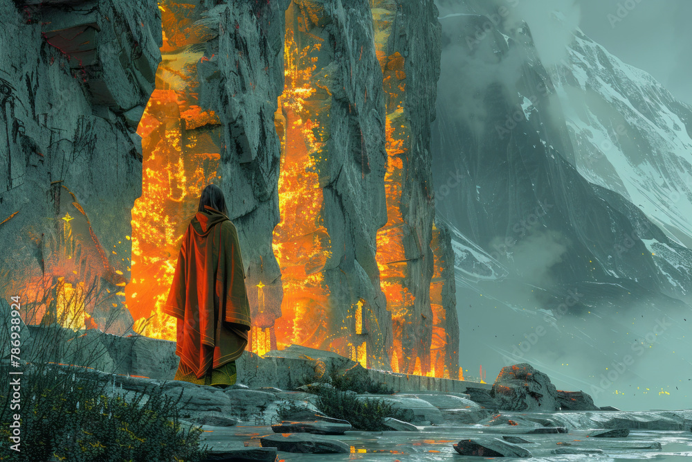 A depiction of a shaman in a cave, with rock spirits emerging from the ...