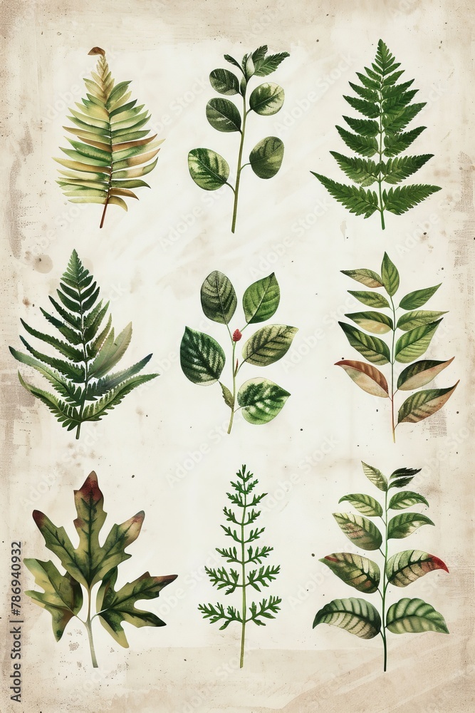 Ancient leaves and ferns, a watercolor journey through time, vintage ...