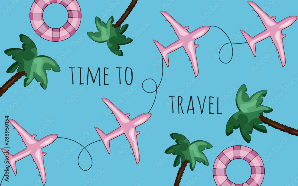 Vacation Concept with One Line Airplane, palm tree on blu sky ...