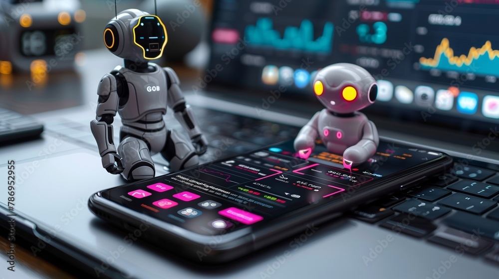 Robo-Advisor Standing on Mobile Phone with Graphs and Indicators, with ...