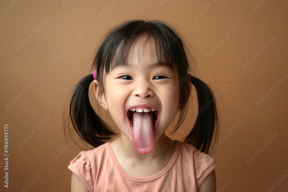 A cute little girl sticking out her tongue playfully. Perfect for children's themes or playful ...