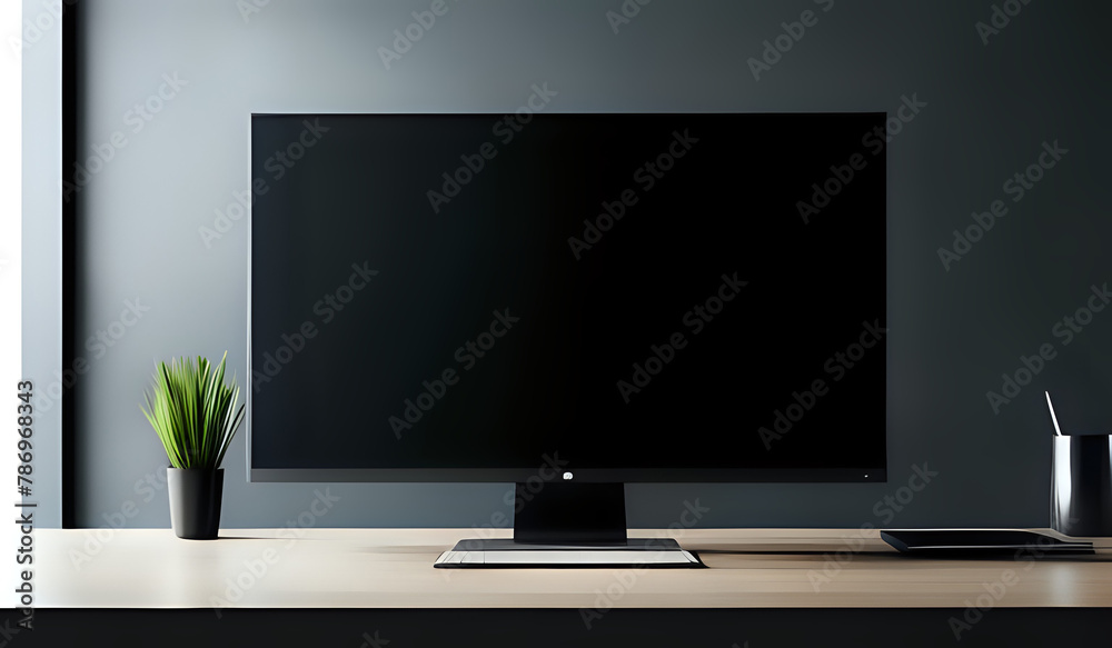 Modern office with desktop and computer monitor Stock Photo | Adobe Stock