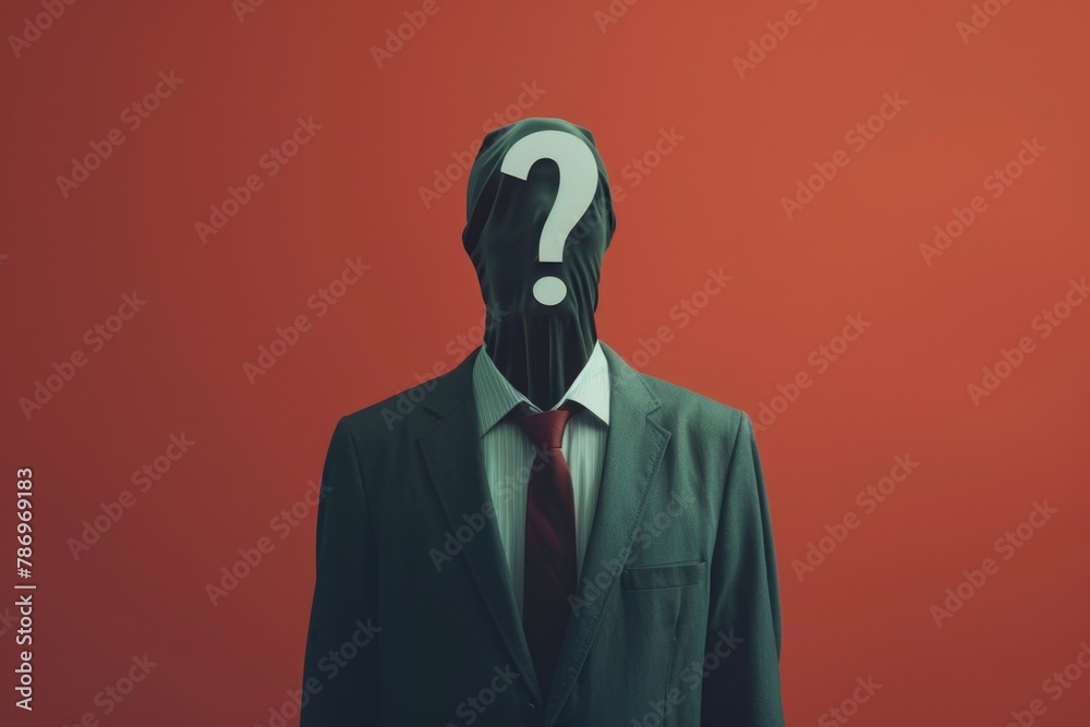 A man in a suit with a question mark on his face. Suitable for business ...