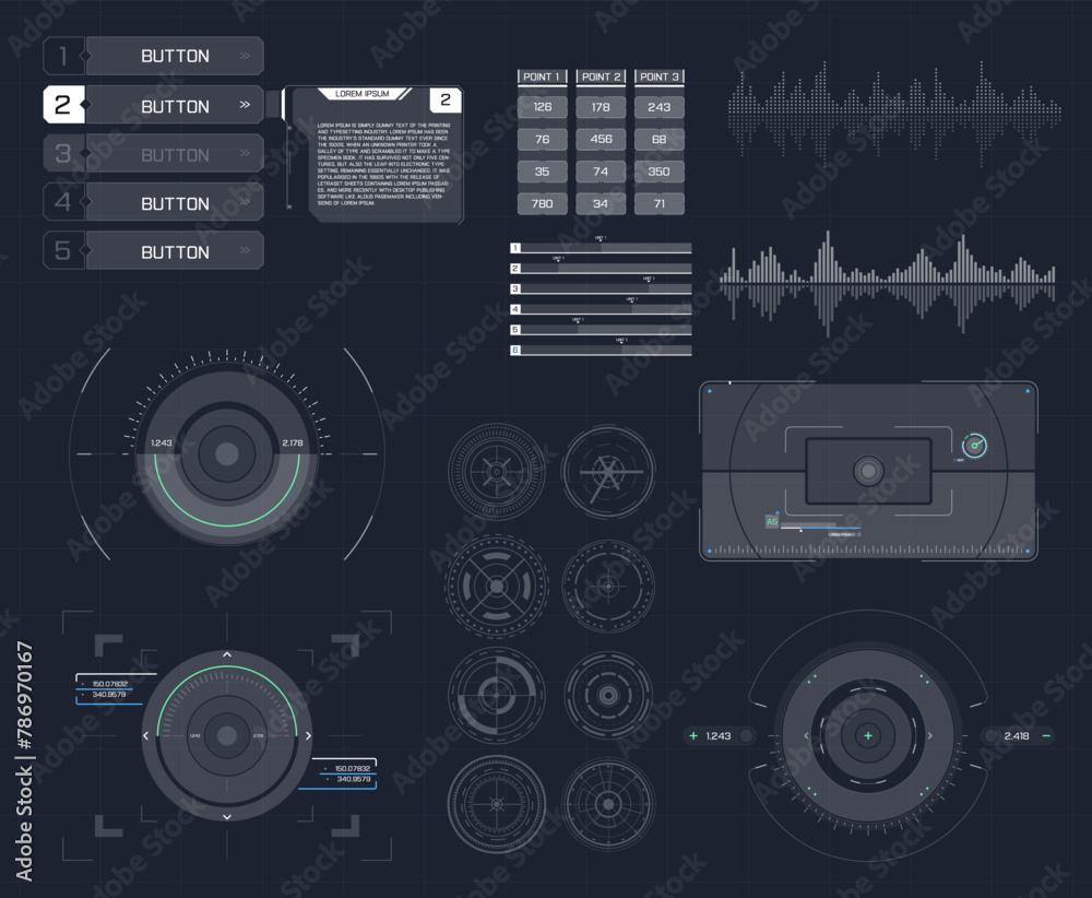 set of black and white infographic elements. Head-up display elements for the web and app ...