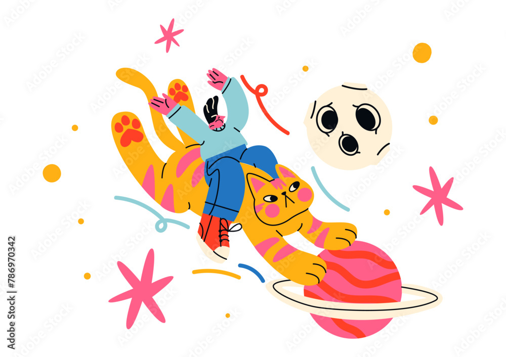 Cartoon character mascot on a flying space tiger cat. Vector doodle ...