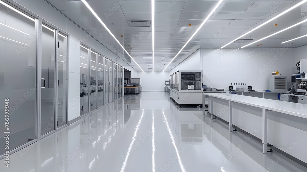 Bright Advanced Semiconductor Production Cleanroom with Overhead Wafer ...