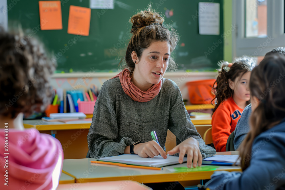 A Spanish female teacher guides primary school children in a class ...