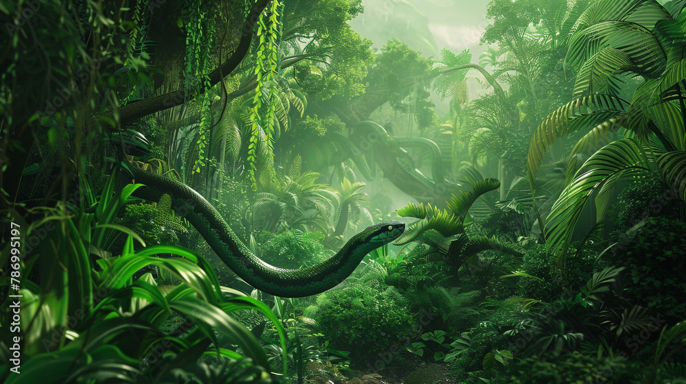 Immerse yourself in an evocative illustration of a tropical rainforest ...