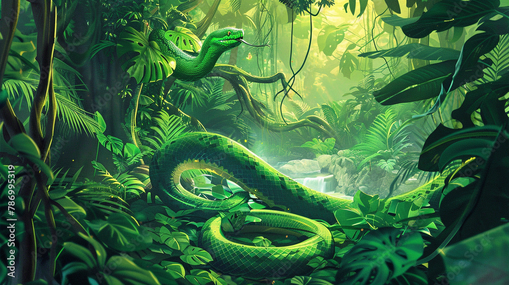 Immerse yourself in an evocative illustration of a tropical rainforest ...