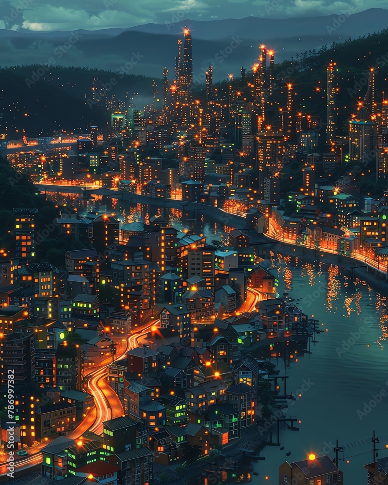 Oil production in the skin depicted as a bustling city at night ...