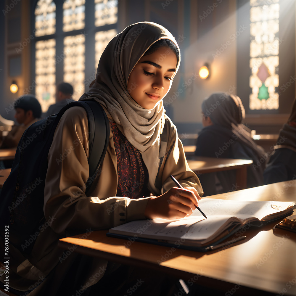 Muslim girl student with backpack studying in school classroom for ...