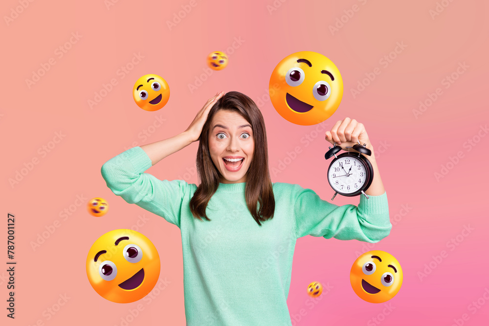 Photo collage picture happy emotional cheerful girl hold deadline timer ...