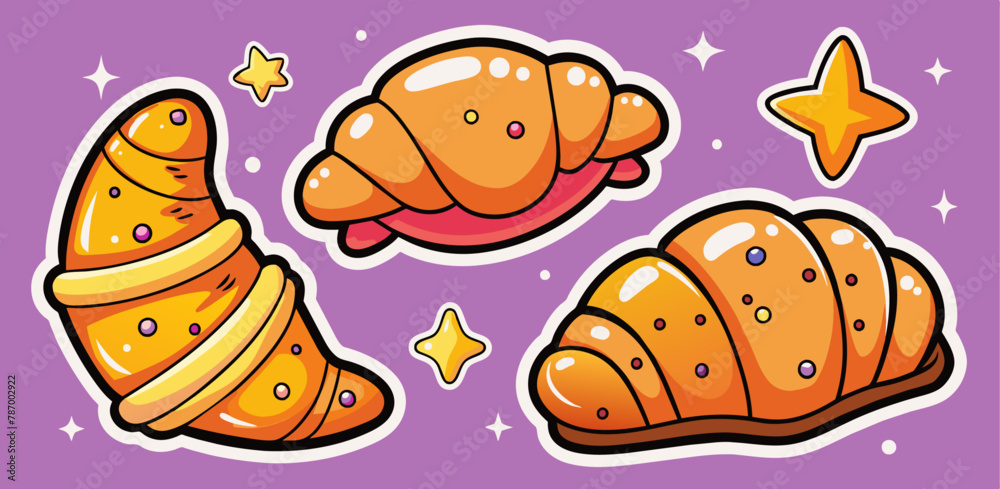 Set of illustrations of croissant stickers,, illustration of bread ...