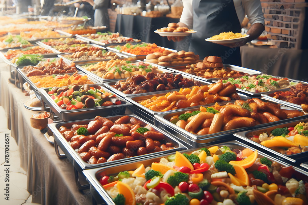 several trays of food are lined up on a buffet table, closeup at the ...