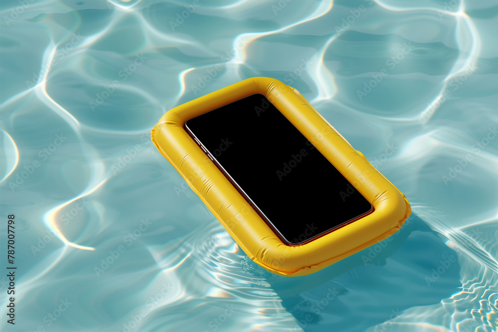 Smartphone on inflatable mattress floating in swimming pool at summer ...