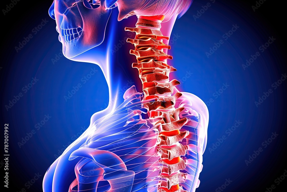 Office syndrome. Sciatica. 3D render of a skeleton with back pain ...
