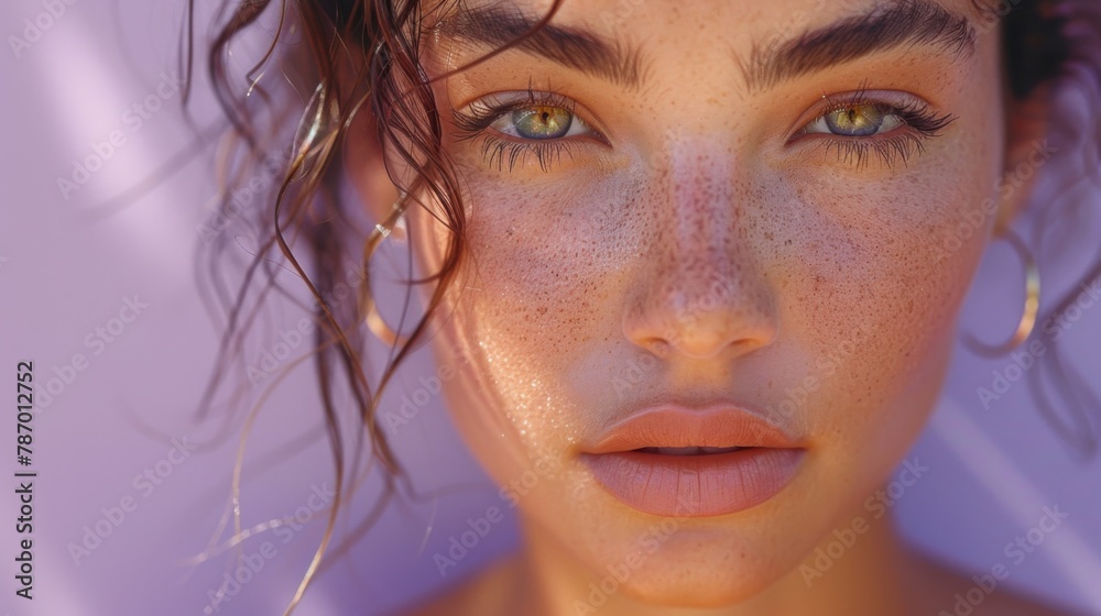 A serene portrait featuring a model with olive skin tone, with soft ...