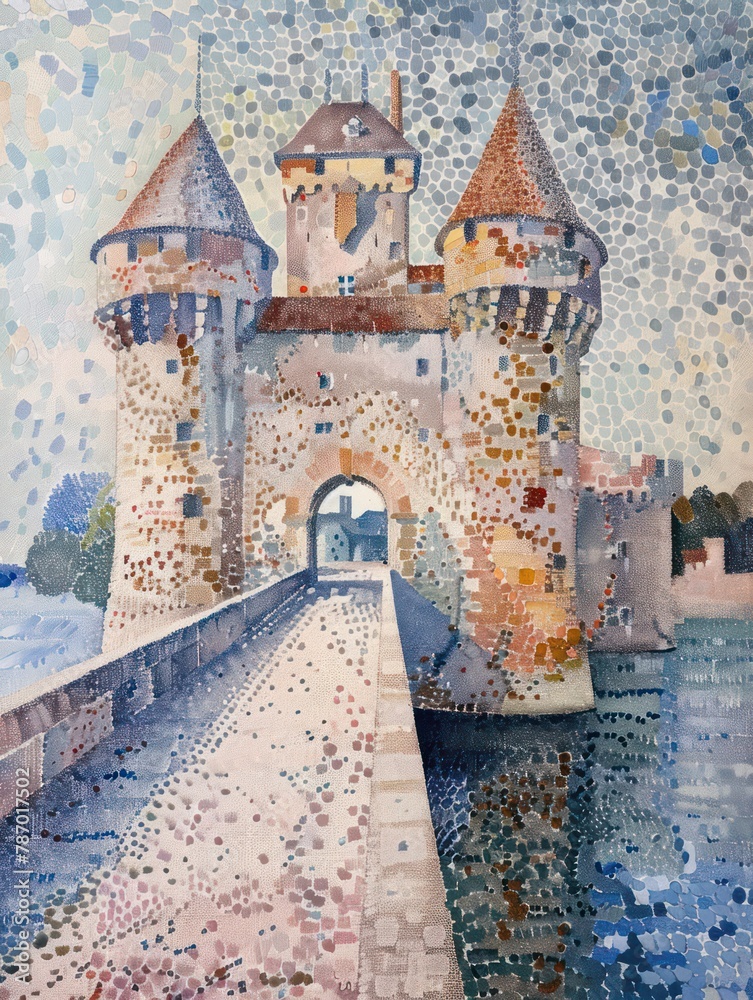 This vibrant image showcases a castle with towers and a bridge ...