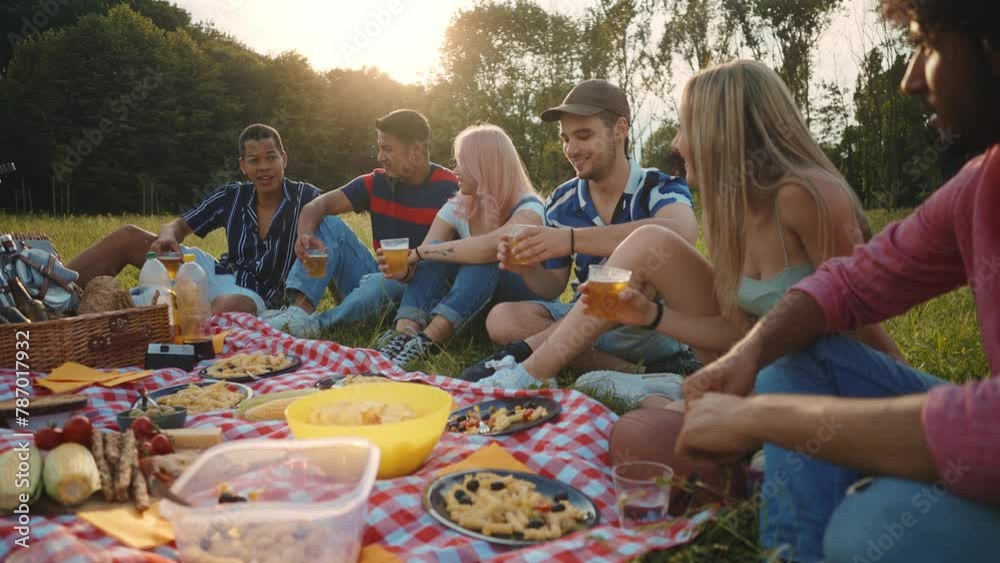 Group of multi-ethnic teenagers toast and celebrate during a picnic in ...