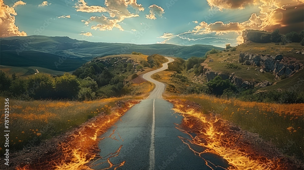 A wide smooth road leading to the gates of hell, alongside a narrow ...