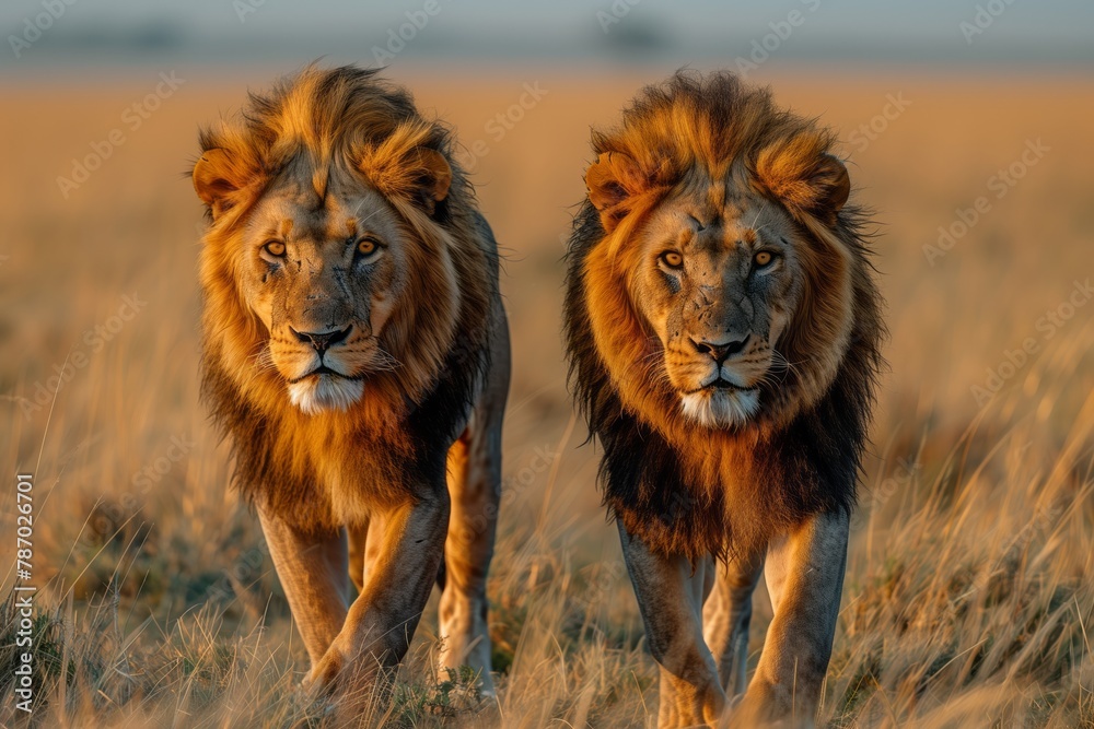 Two Masai lions, majestic carnivorous big cats from the Felidae family ...