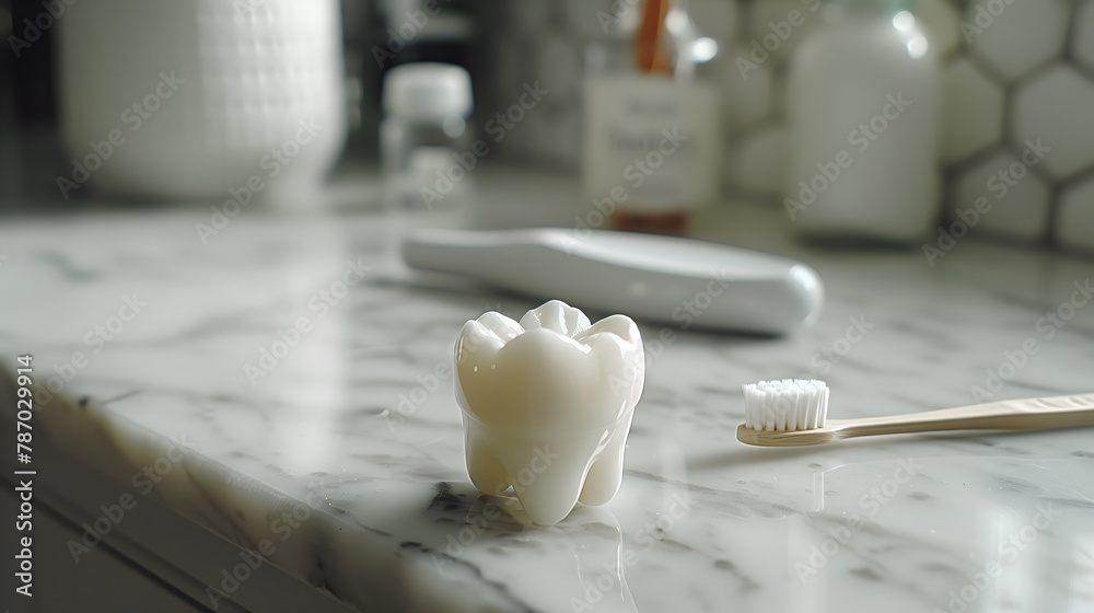 An aesthetic bathroom setup featuring a tooth model and a bamboo ...