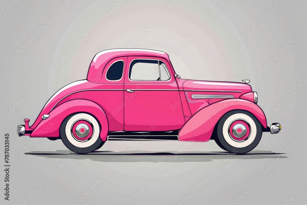 Retro car, side view, isolated on gray background. Classic pink vintage ...
