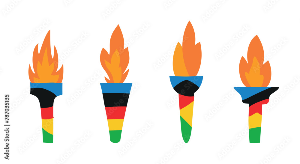 Set of burning olympic torches with flame. Symbol of competition ...