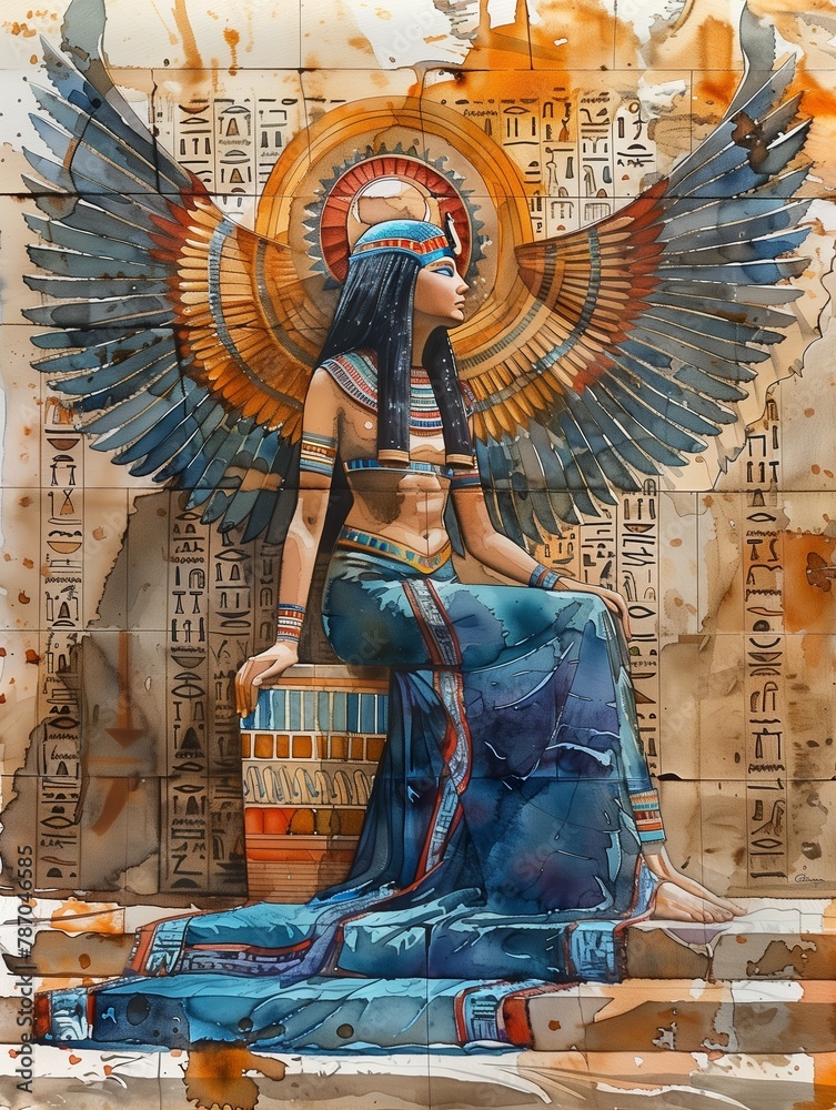 Painting of Egyptian goddess sitting on throne, ancient hieroglyphs ...