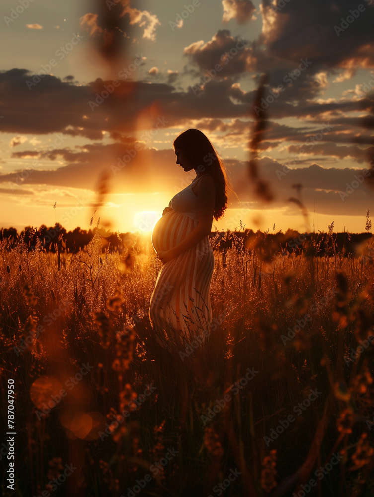 Maternity outdoor photoshoot of a beautiful pregnant woman silhouette ...
