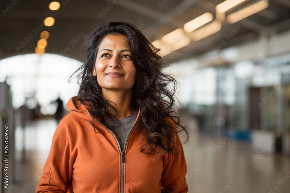 Portrait of a blissful indian woman in her 40s wearing a zip-up fleece ...