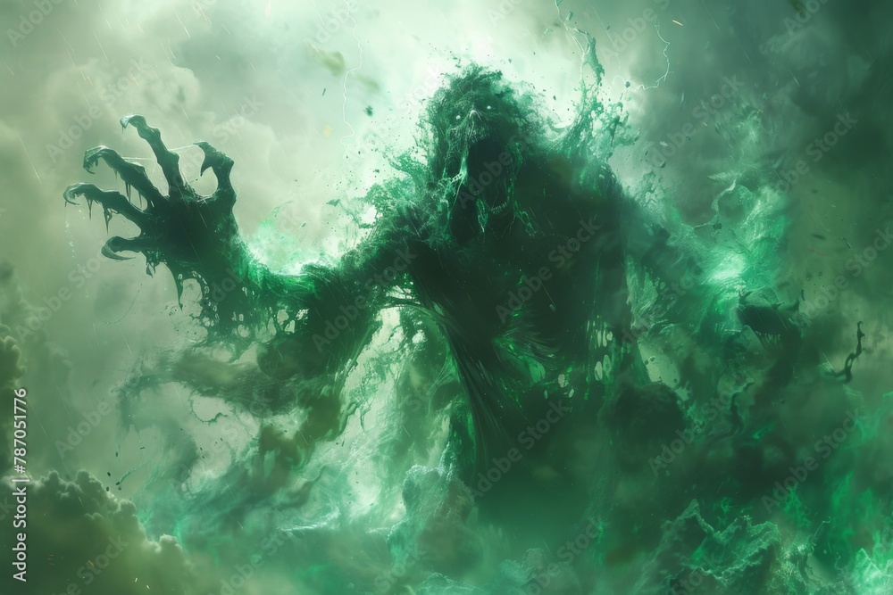 A disturbing revenant rising from the ground, its face contorted in ...