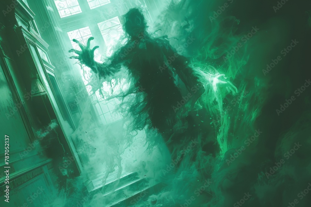 An ethereal specter floating in a low-lit room, its form shimmering ...