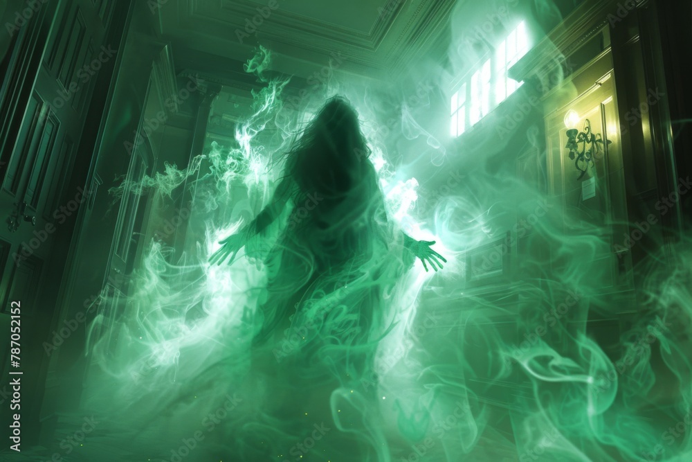 An ethereal specter floating in a low-lit room, its form shimmering ...